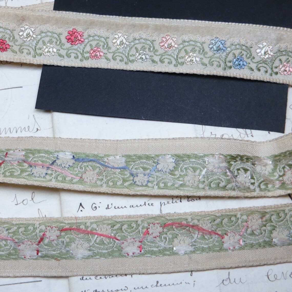 1y EDWARDIAN JACQUARD VELVET Ribbon Tag: Antique French Brocade Flower ...