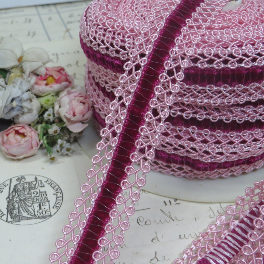 3 Yards FRENCH DARK PINK Gimp Velvet Ribbon 7/8" Trim Tag: 1920 Flapper ...