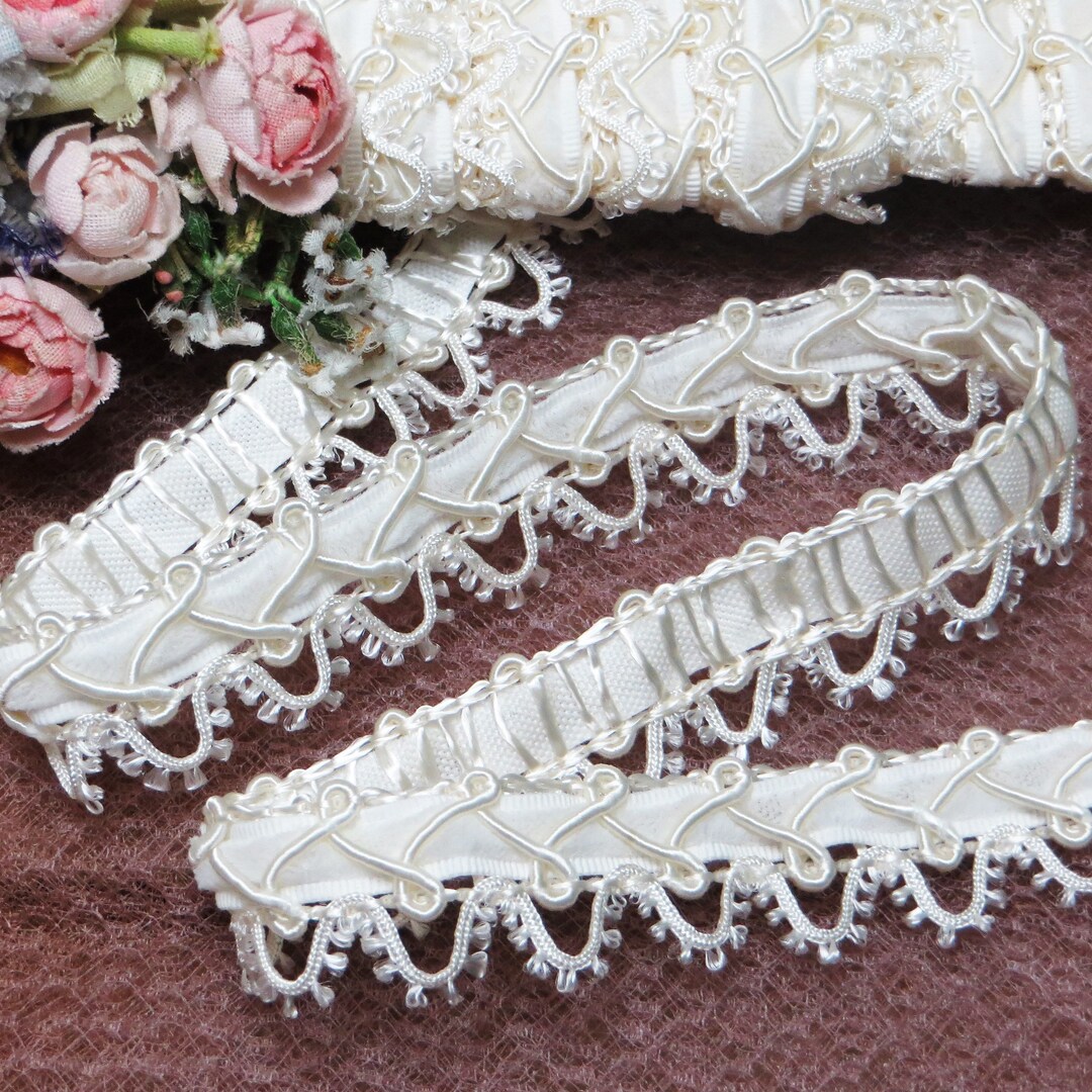 1y VINTAGE WHITE WEDDING Velvet Gimp Trim Picot Loop Edge Tag: French ...