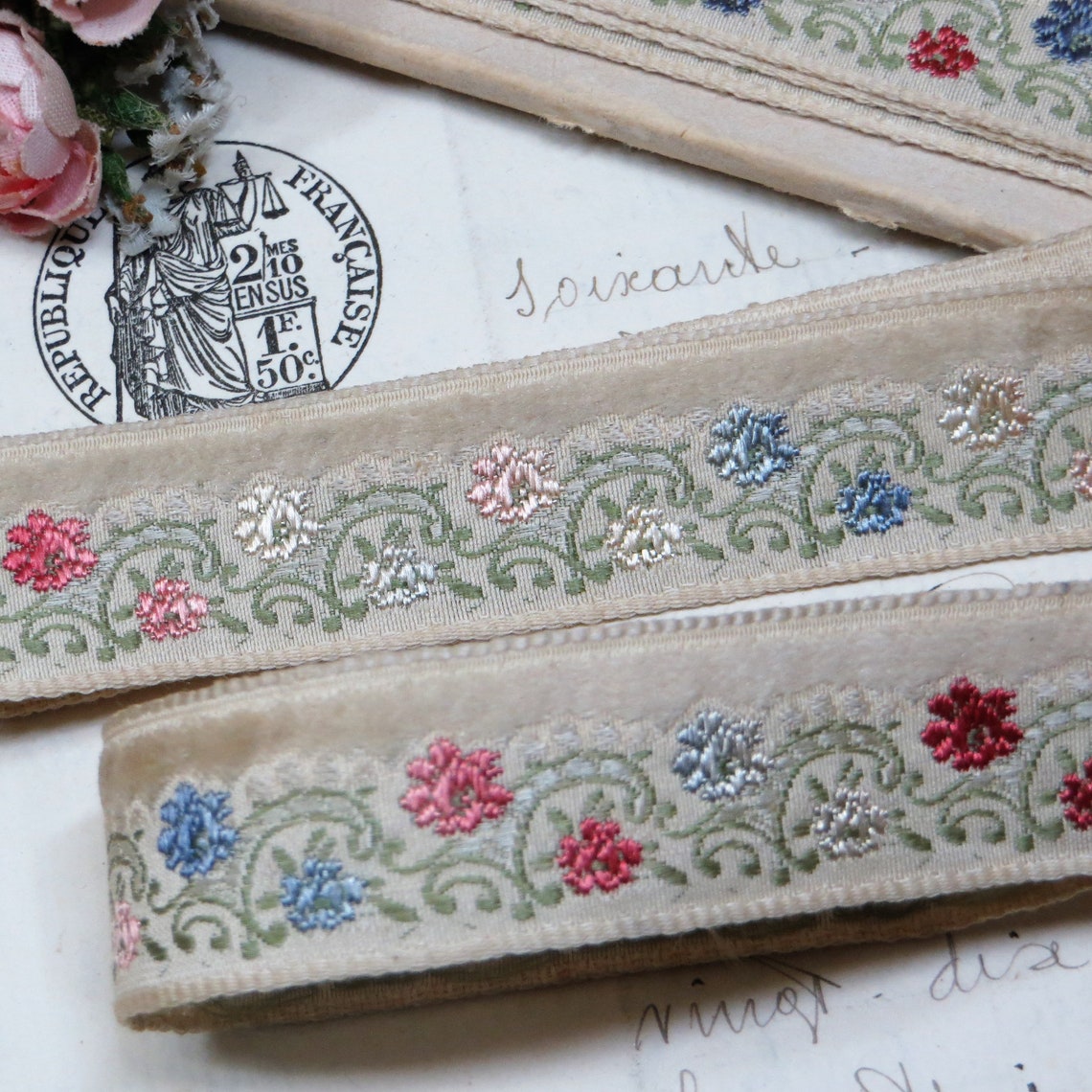 1y EDWARDIAN JACQUARD VELVET Ribbon Tag: Antique French Brocade Flower ...