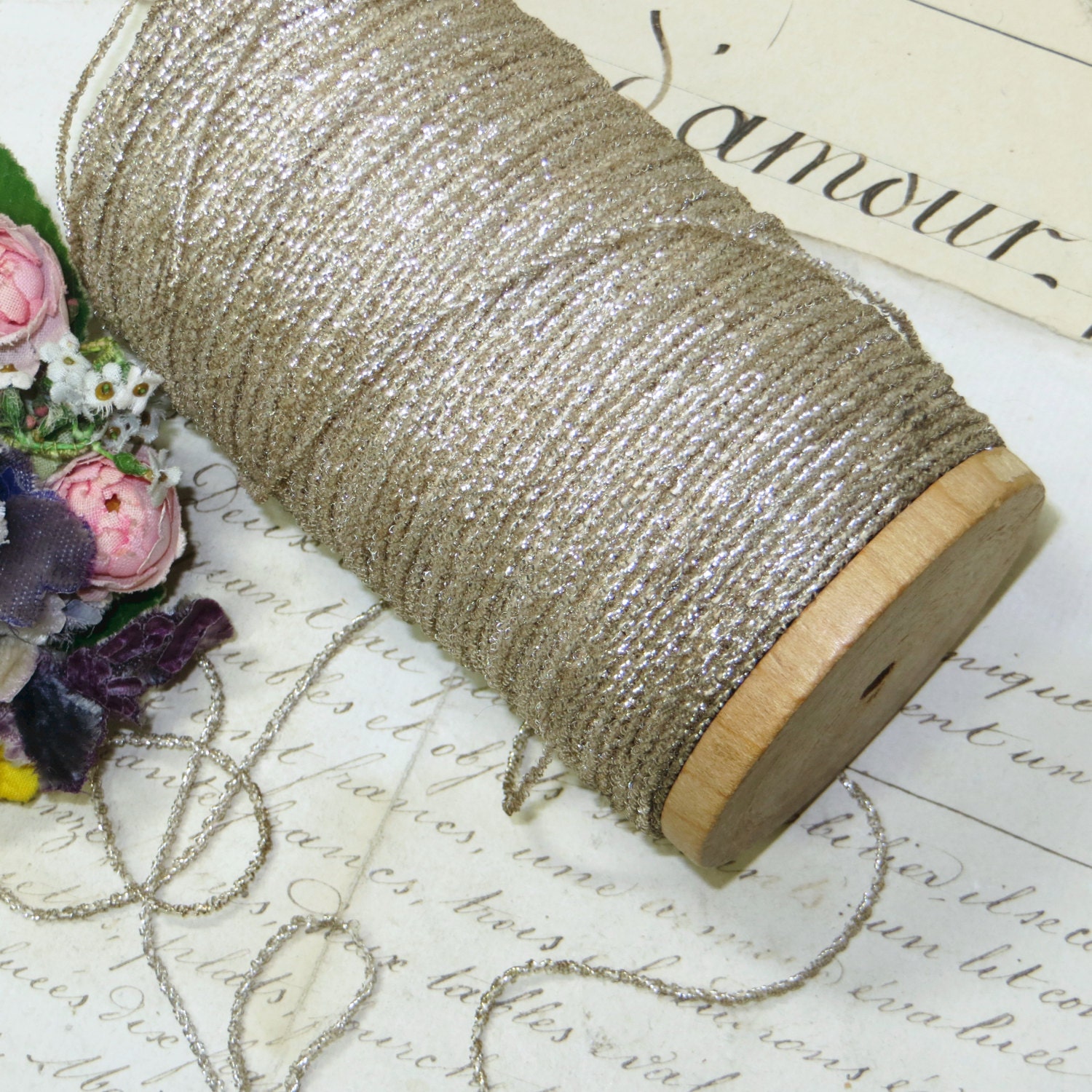 1y FRENCH SILVER METAL Thread Twine Trim Bullion Metallic Embroidery ...