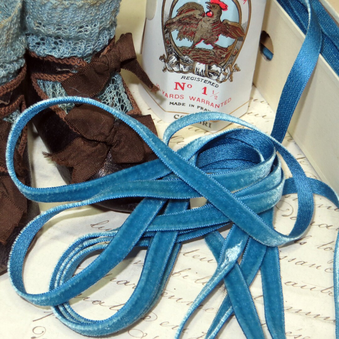 2y FRENCH SILK VELVET Blue Ribbon Antique French Velvet Ribbon Jumeau ...