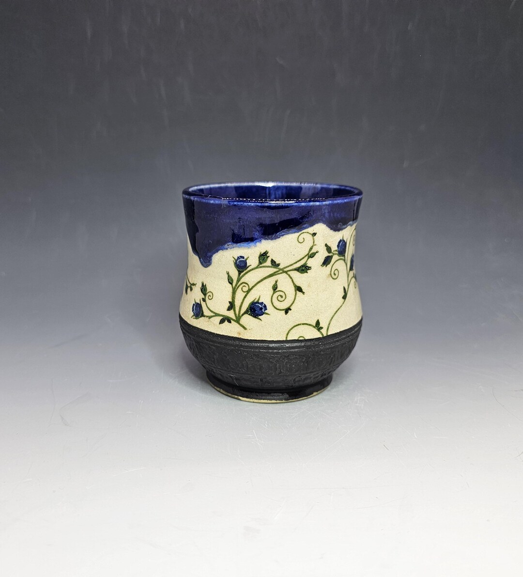 8 Oz Floral Cup. No Handle. Blue and Black Glazing. Handmade Pottery ...