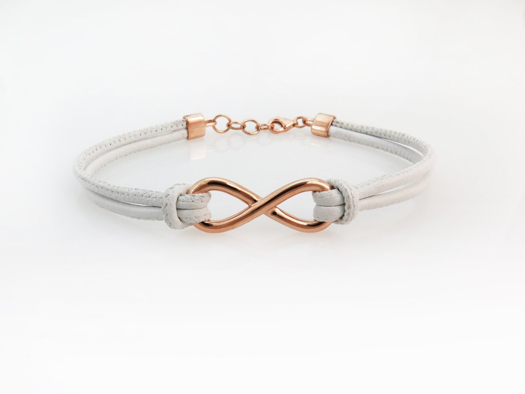 White Leather Infinity Bracelet, 14K Gold Charm, Men's Leather Bracelet ...