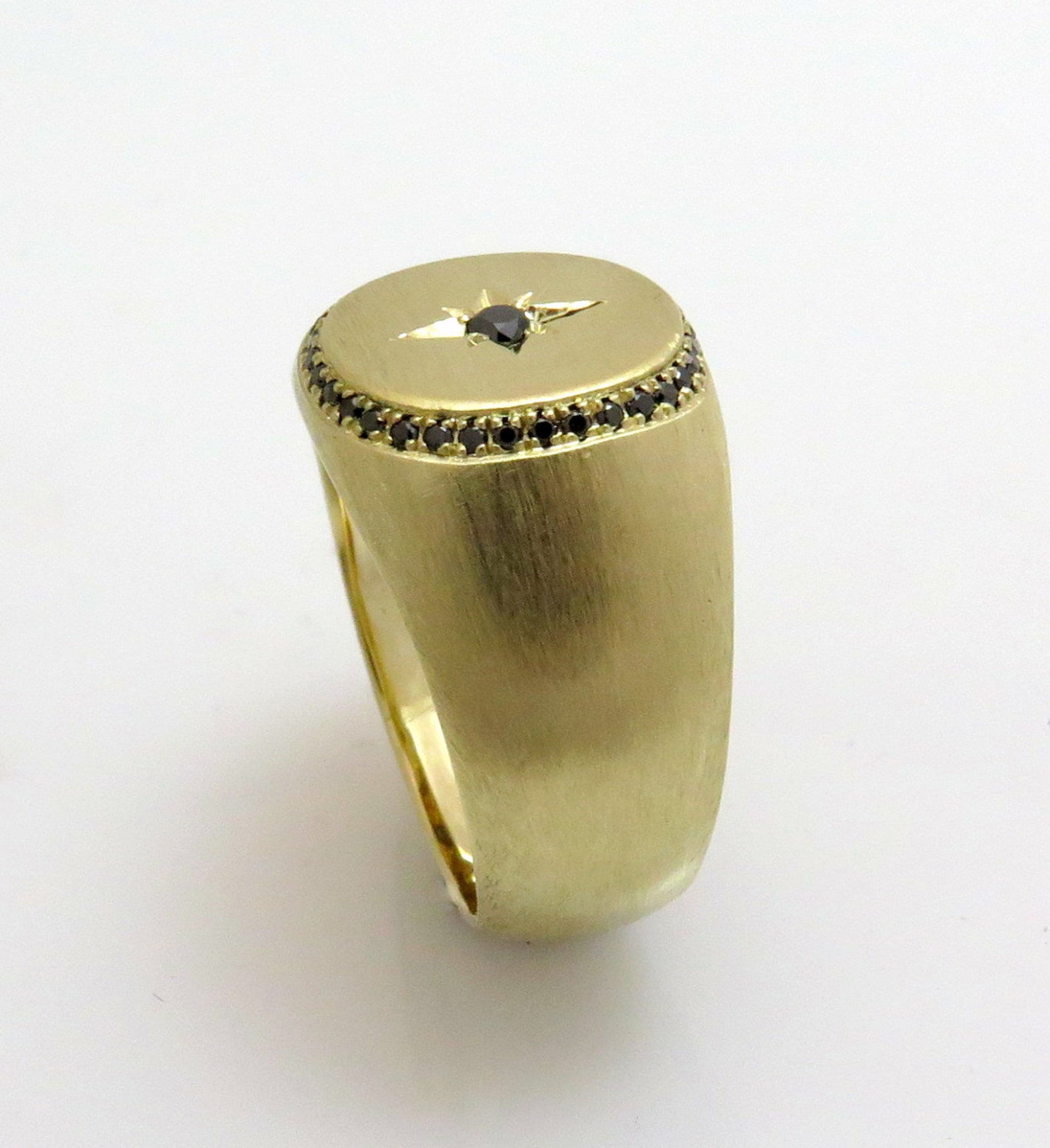 Star Signet Ring, 14k Gold Diamond Ring, Black Diamond Wedding Band, 0 ...