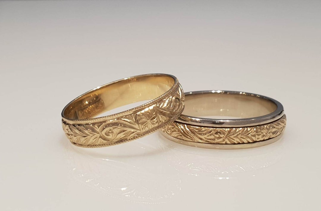 14k Gold Vintage Wedding Fidget Rings, Floral Couple Bands, Antique ...