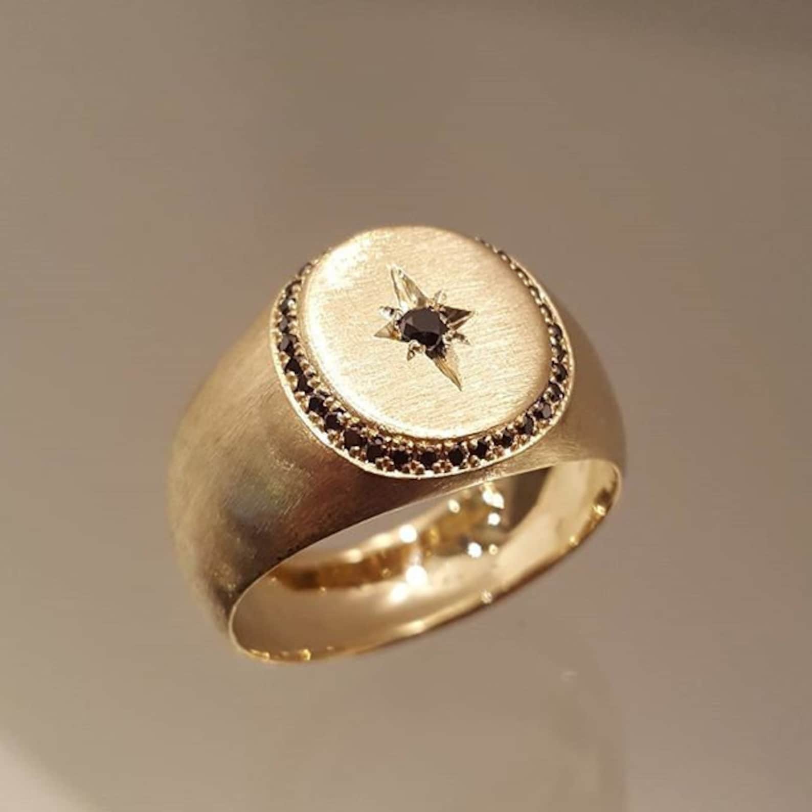 Men Square Signet Ring 14k Gold Diamond Ring Black Diamond - Etsy