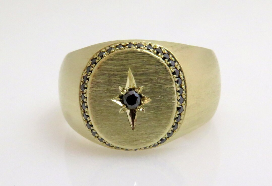 Star Signet Ring, 14k Gold Diamond Ring, Black Diamond Wedding Band, 0 ...