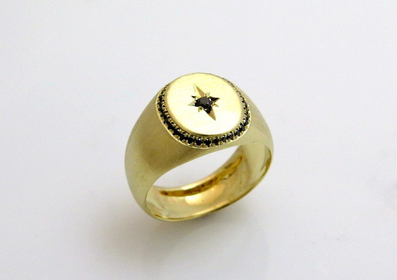 Star Signet Ring, 14k Gold Diamond Ring, Black Diamond Wedding Band, 0 ...