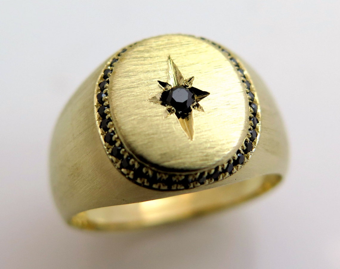 Star Signet Ring 14k Gold Diamond Ring Black Diamond Gold - Etsy