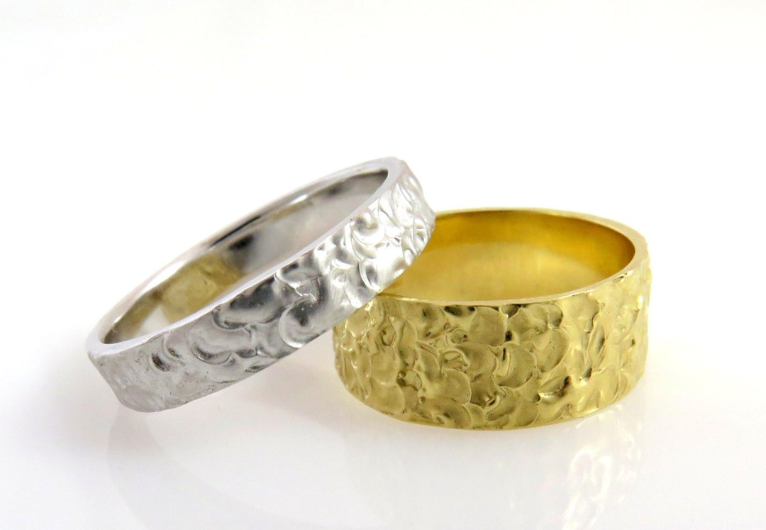 Rustic Textured Wedding Band Set, 14k White/rose/yellow Gold Rings - Etsy