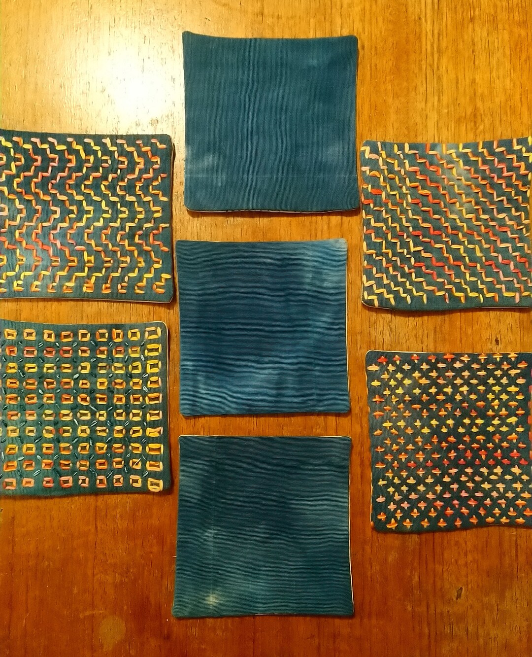 Sashiko Coaster Set (7) -- Shibori Cotton Fabric and Variegated Orange ...