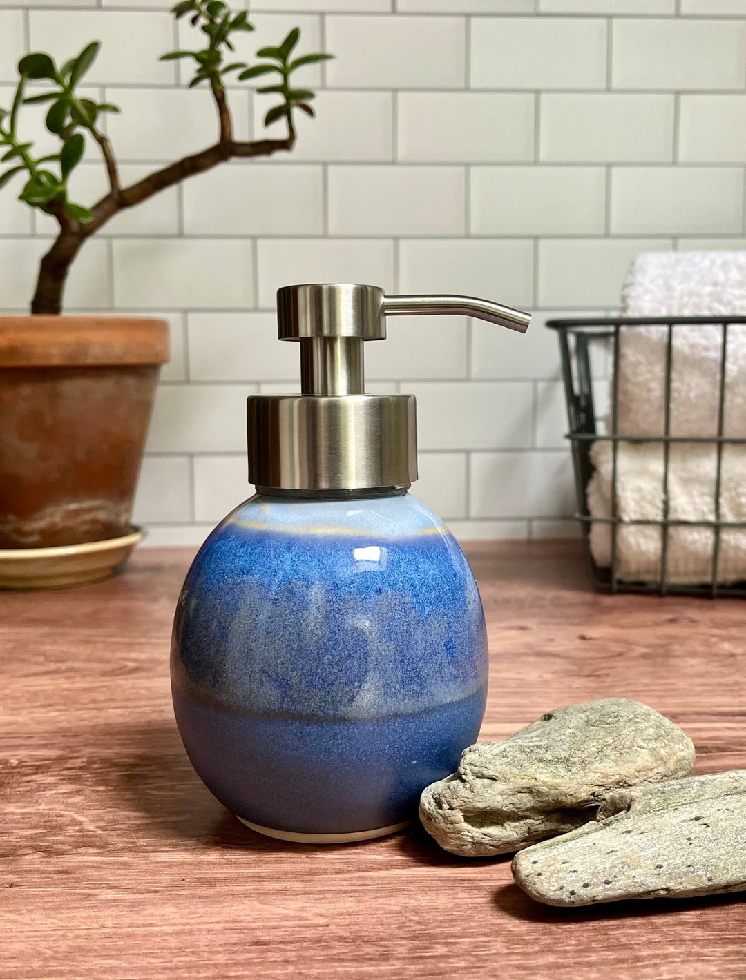 Blue Foaming Soap Dispenser- Handmade Ceramic Soap Foamer- Stainless ...