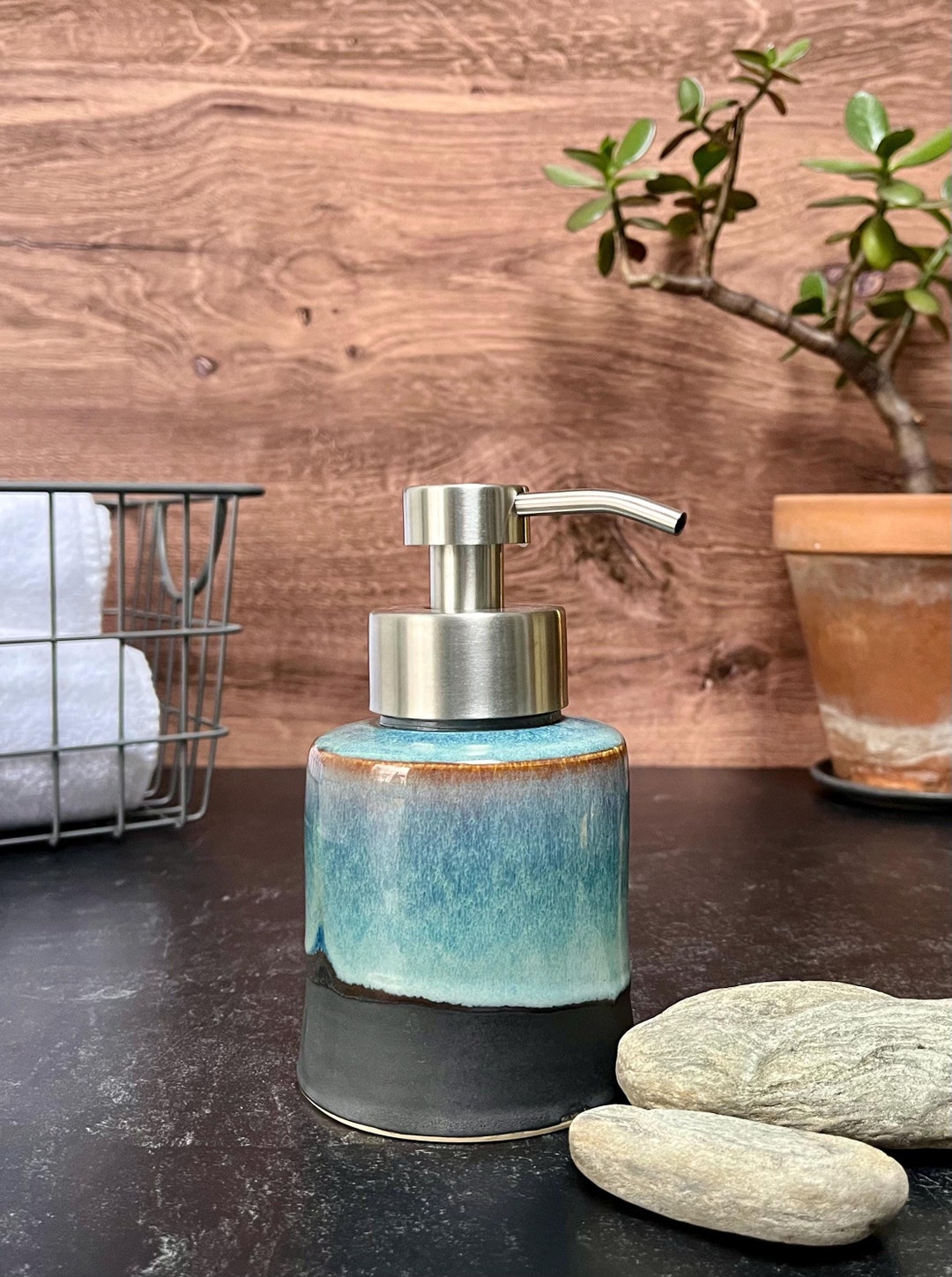 Foam Soap Dispenser, Charcoal Black and Teal Blue Glaze- Ceramic and ...