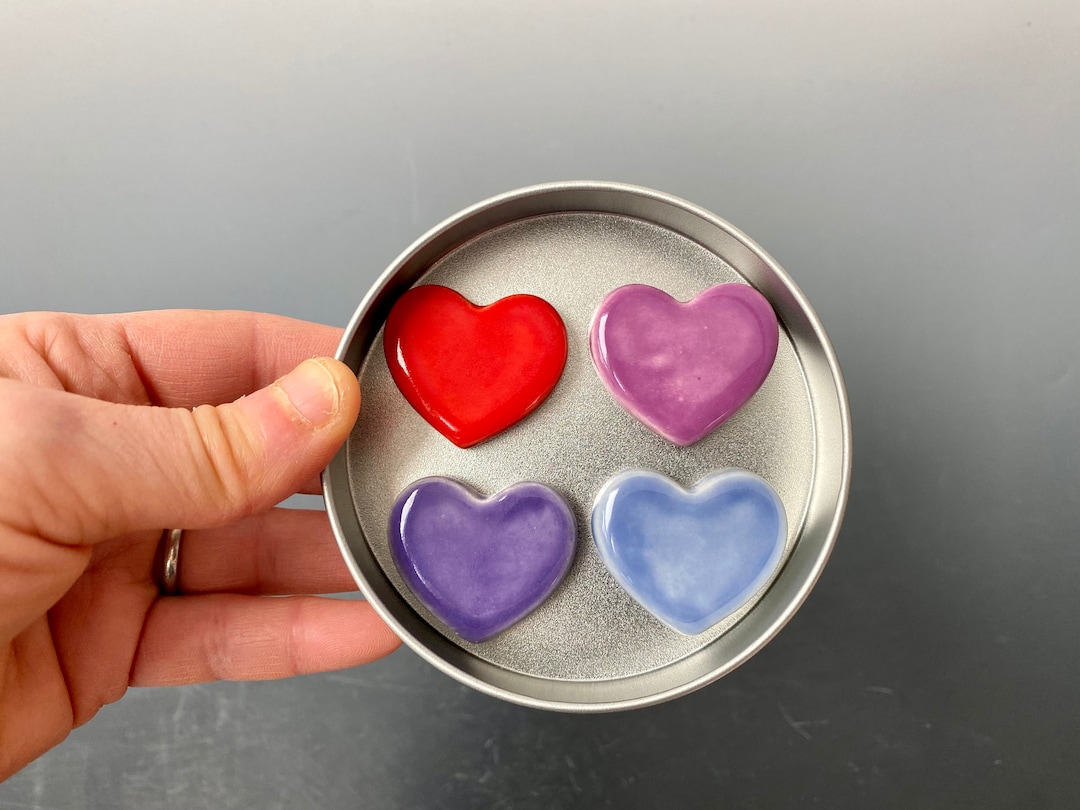 Ceramic Heart Magnets in Tin- Red and Purple Hearts- Handmade Ceramic ...