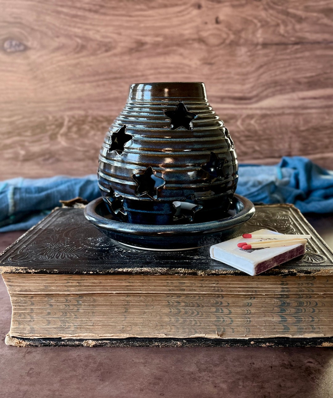 Ceramic Luminary/ Tea Light Holder With Plate, Blue Ceramic Candle ...