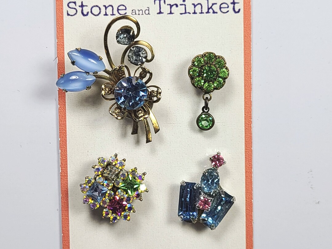 Set of 4 Rhinestone Flower Vintage Jewelry Magnets, Blue Green Pink ...