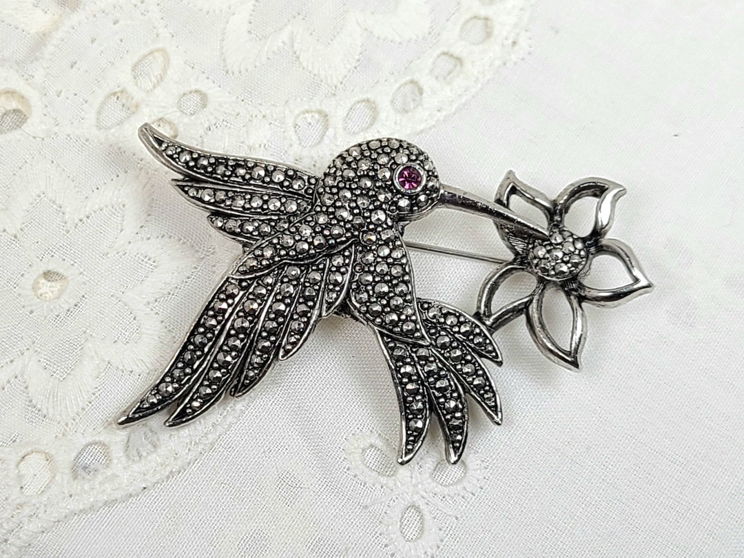 Vintage Avon Hummingbird Brooch, Marcasite Bird & Flower Costume ...