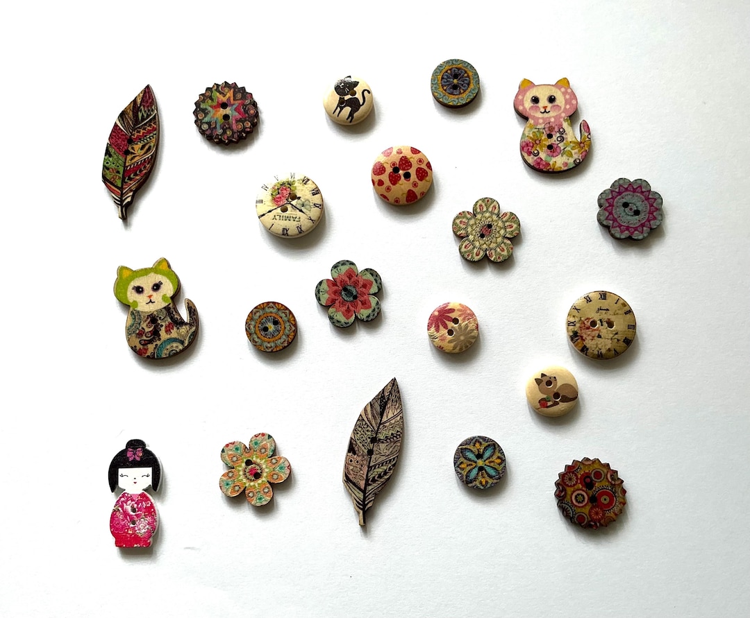Mixed Wooden Buttons, Leaves, Cats, Flowers, Craft Supplies, Flat Back ...