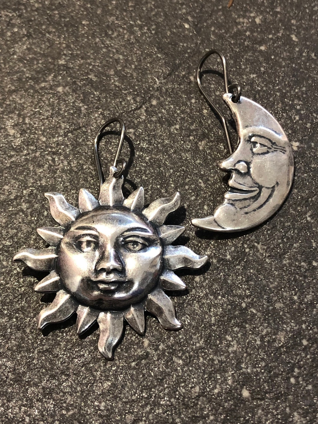 Antique Silver Asymmetrical Sun and Moon Earrings With Hypoallergenic ...