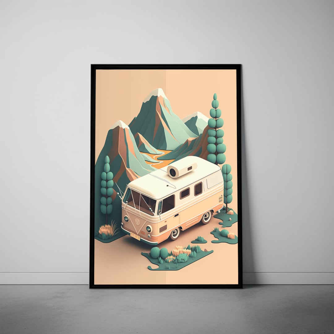 Isometric Camper Van Poster, Modern Midcentury Neutral Tones Print Wall ...