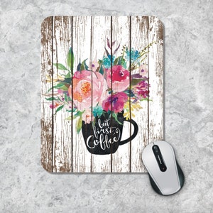 Quote Mousepad, but First Coffee, Watercolor Mouse Mat, Coffee Cup ...