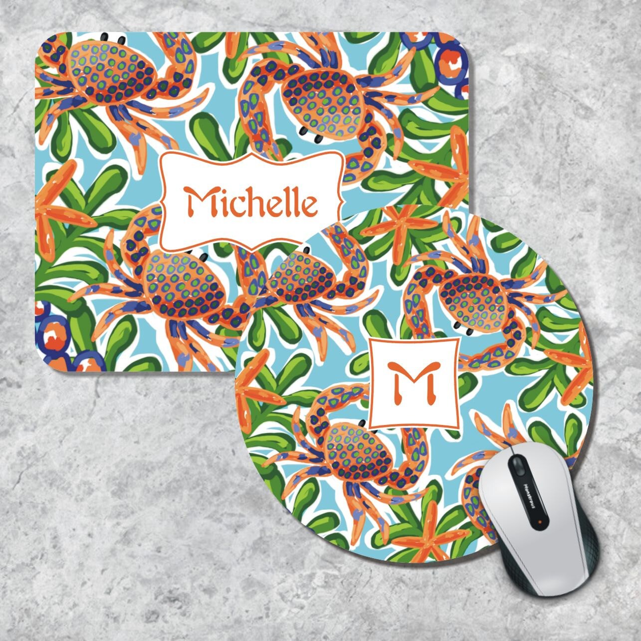 Preppy Crab Mousepad, Monogram Mouse Pad, Watercolor Mouse Mat, Preppy ...