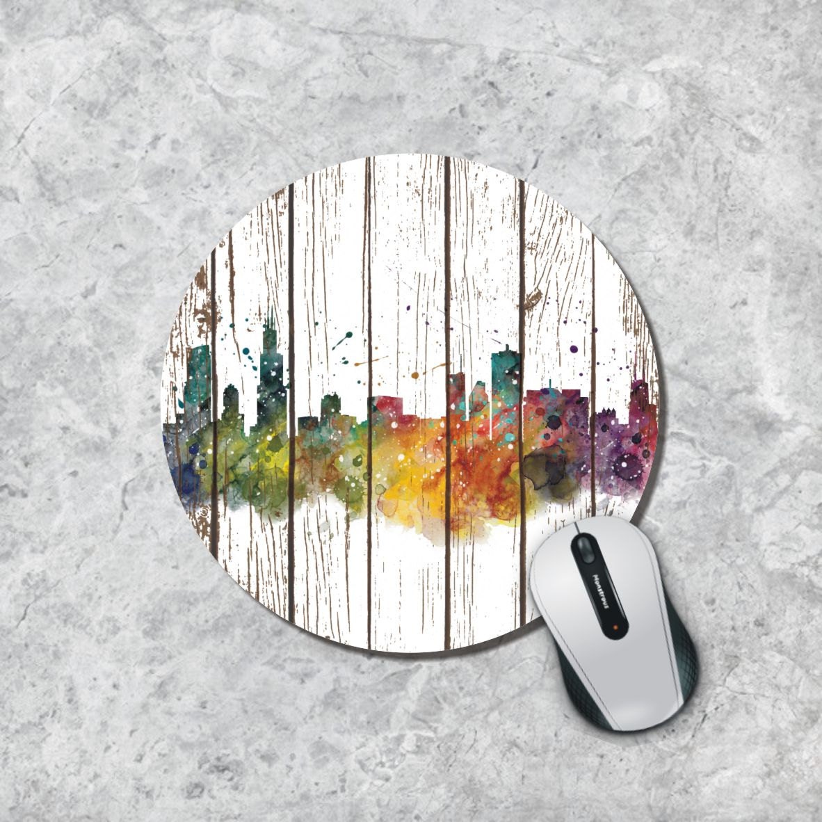 Chicago Mousepad, Skyline Mouse Pad, Watercolor Mouse Mat, Round ...