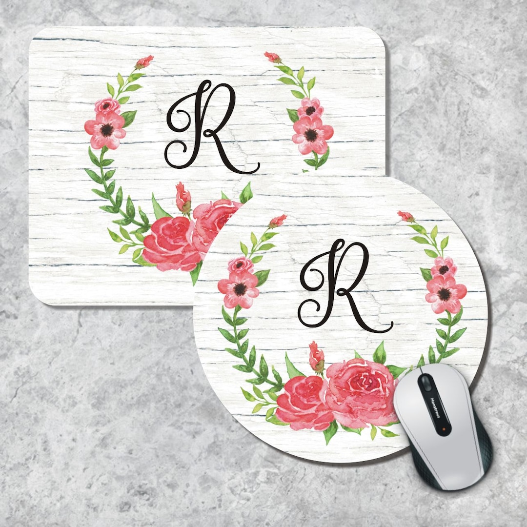 Monogram Mousepad, Initial Mouse Pad, Watercolor Mouse Mat, Rose Wreath ...