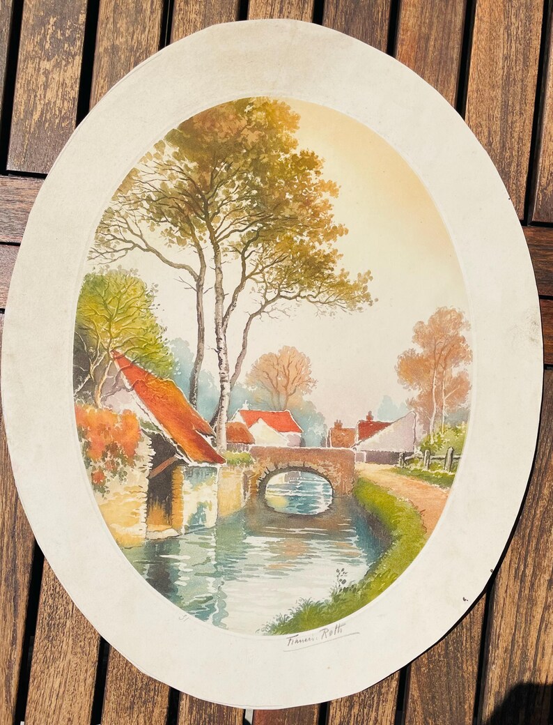 LITOGRAFÍA ANTIGUA De Paisaje FRANCÉS Lámina Ovalada Campestre ...