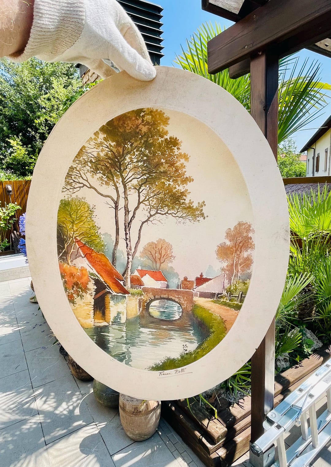 LITOGRAFÍA ANTIGUA De Paisaje FRANCÉS Lámina Ovalada Campestre ...