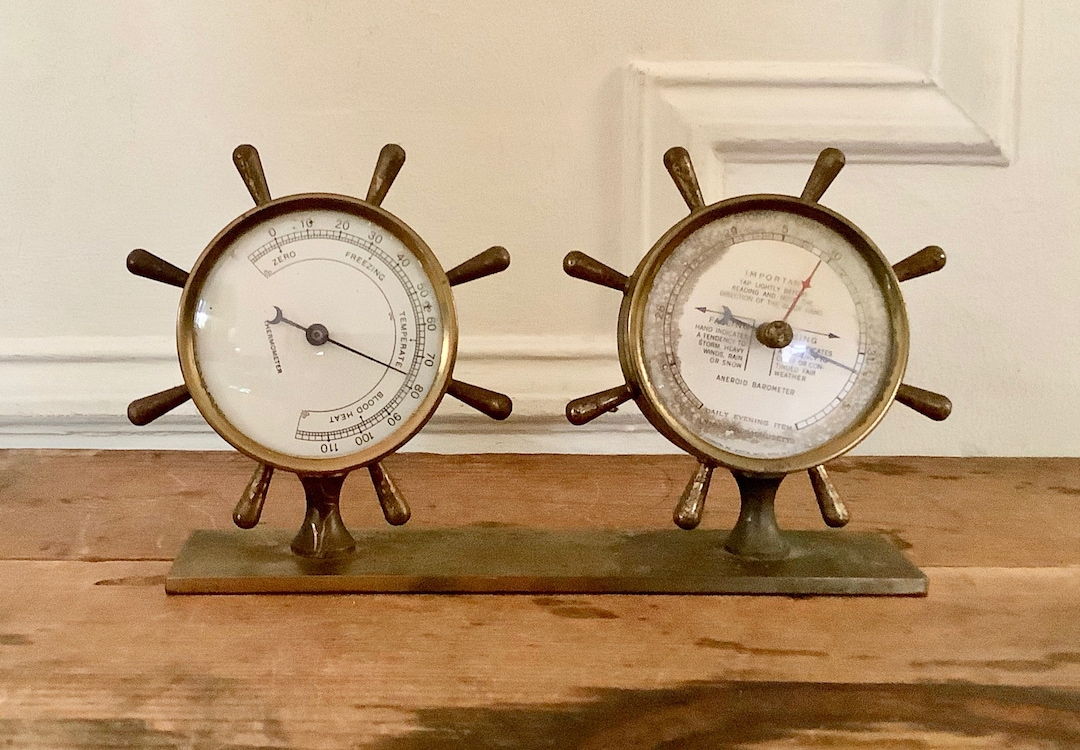 Antique Brass Ship's Wheel Aneroid Barometer + Thermometer - 1920s ...