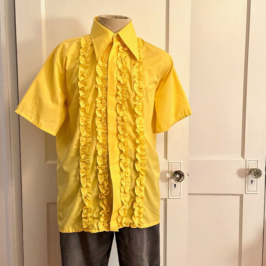 Yellow Ruffles 1970s Mens TUXEDO Shirt SHORT SLEEVE, Wedding, Groom ...