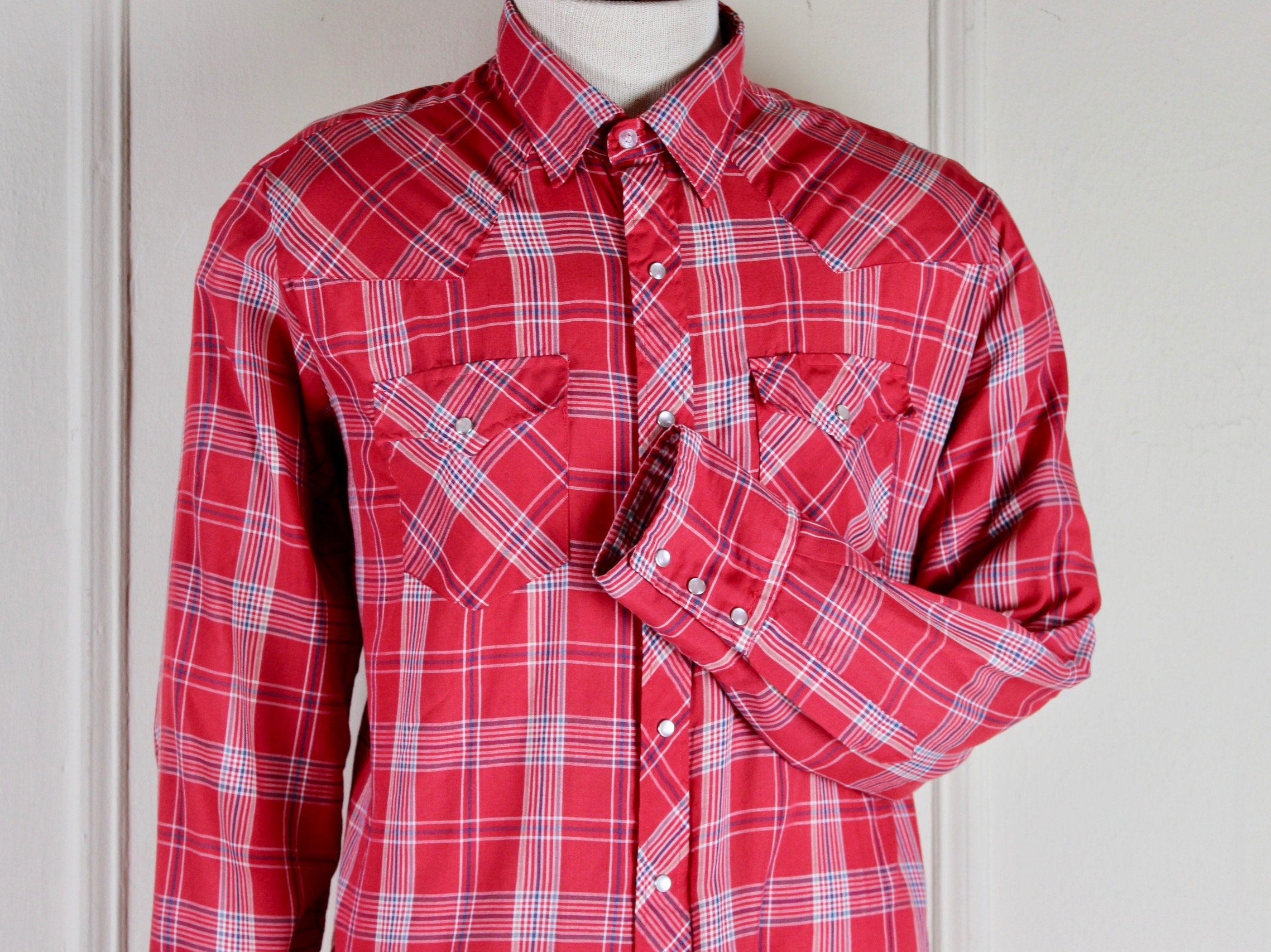1980s Mens Red, White + Blue Plaid Cowboy Shirt With Pearl Snaps ...