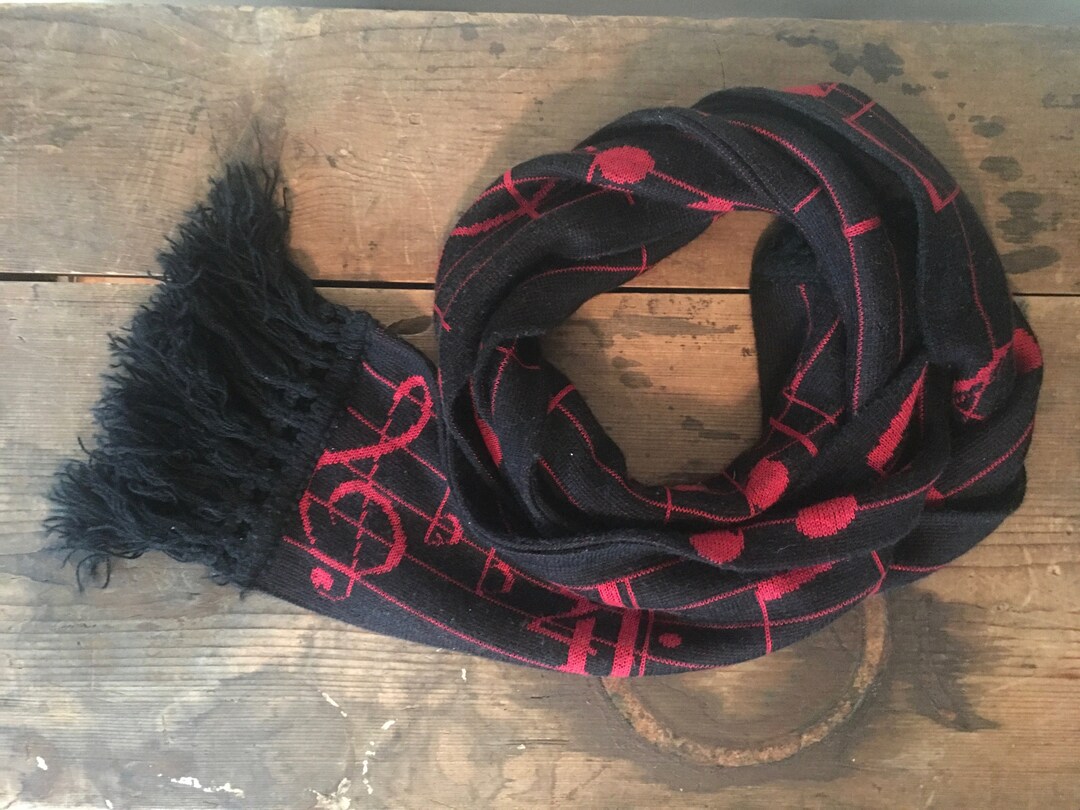 Vintage 1980s Super Long Black & Red MUSICAL NOTES Scarf Musiclothes by ...