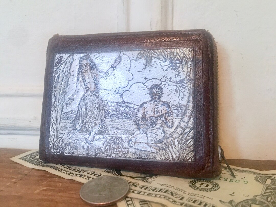 1930-40s HAWAIIAN Leather Bifold Wallet With Zippered Edges - Hula ...