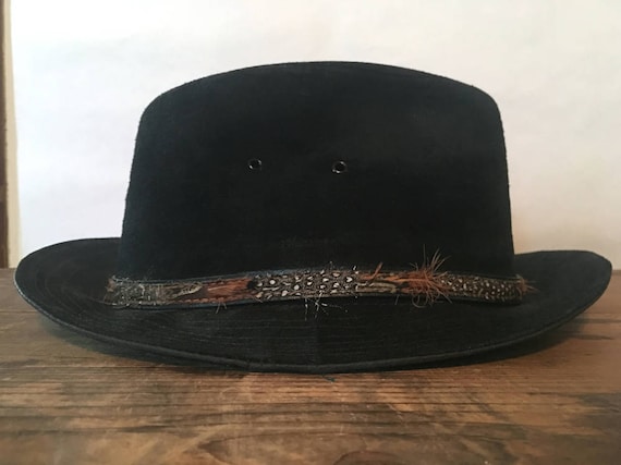 black suede western fedora with feathers band - vinta… - Gem