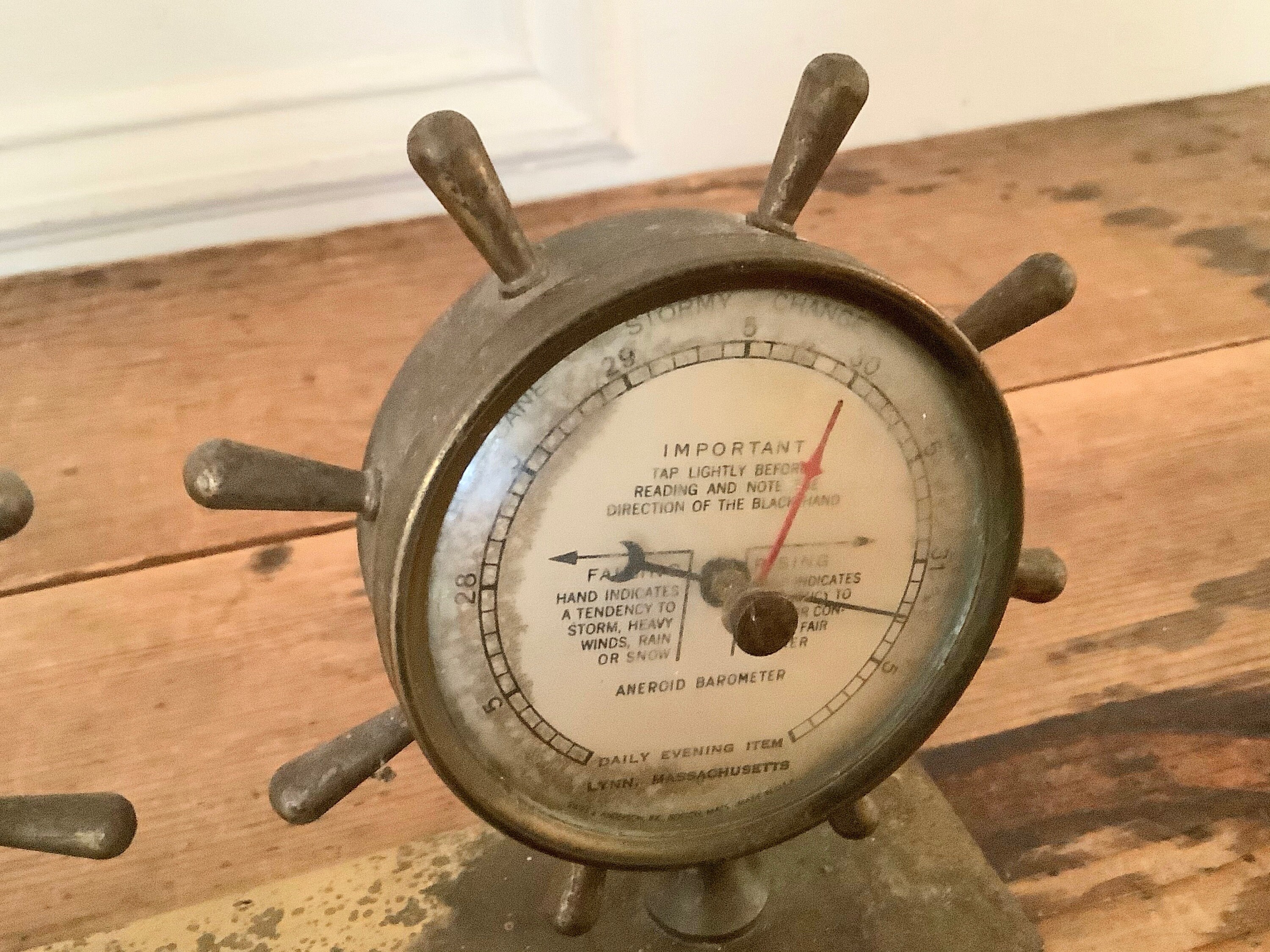 Antique Brass Ship's Wheel Aneroid Barometer + Thermometer - 1920s ...