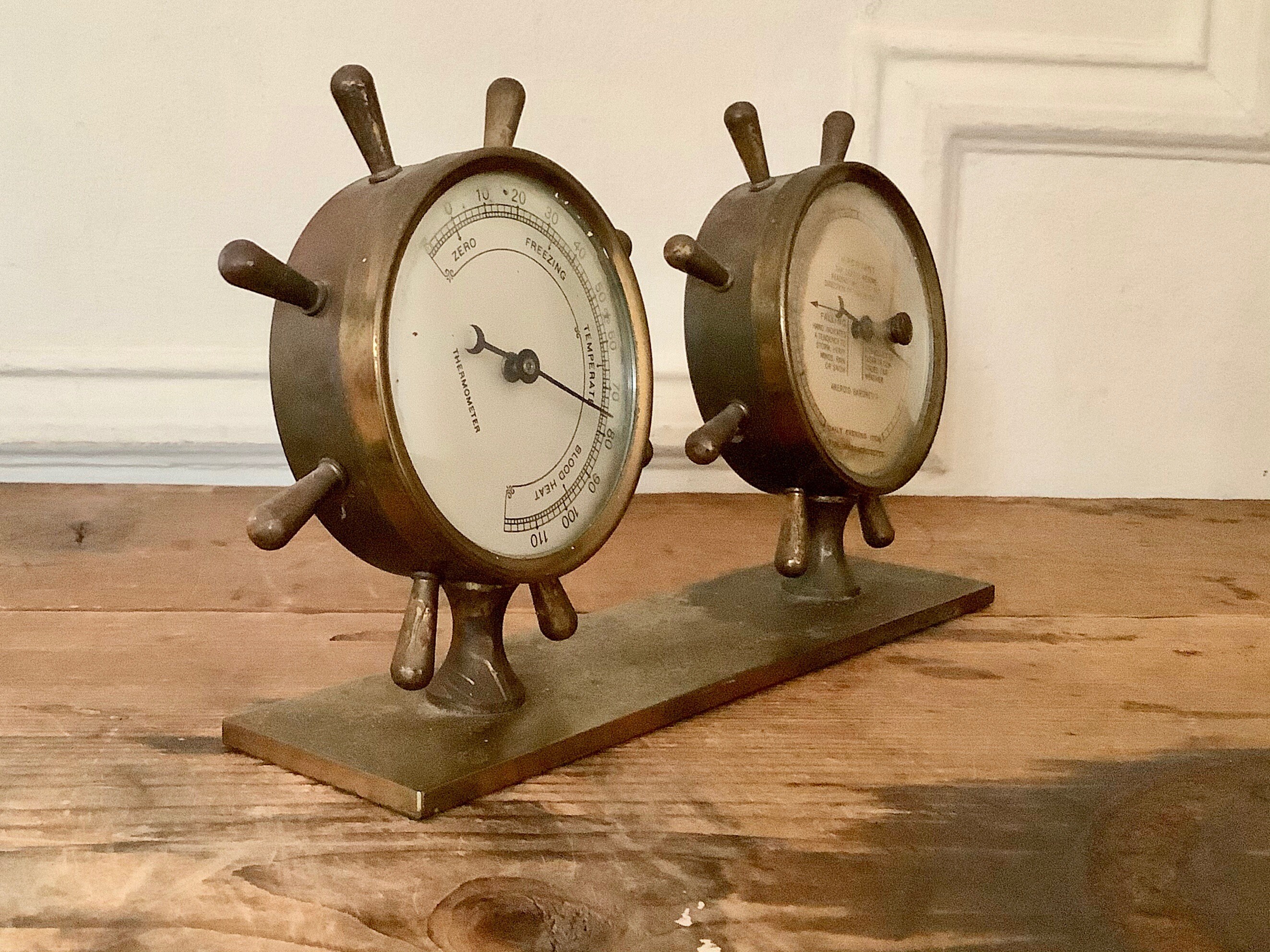 Antique Brass Ship's Wheel Aneroid Barometer + Thermometer - 1920s ...
