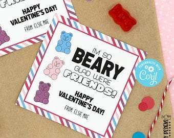 Editable I'm so Beary Glad We're Friends, Printable Class Valentine's ...
