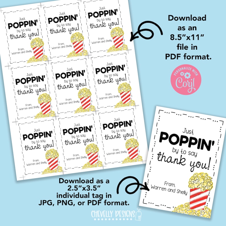 EDITABLE - Just POPPIN by to Say Thank You - Popcorn Gift Tags ...