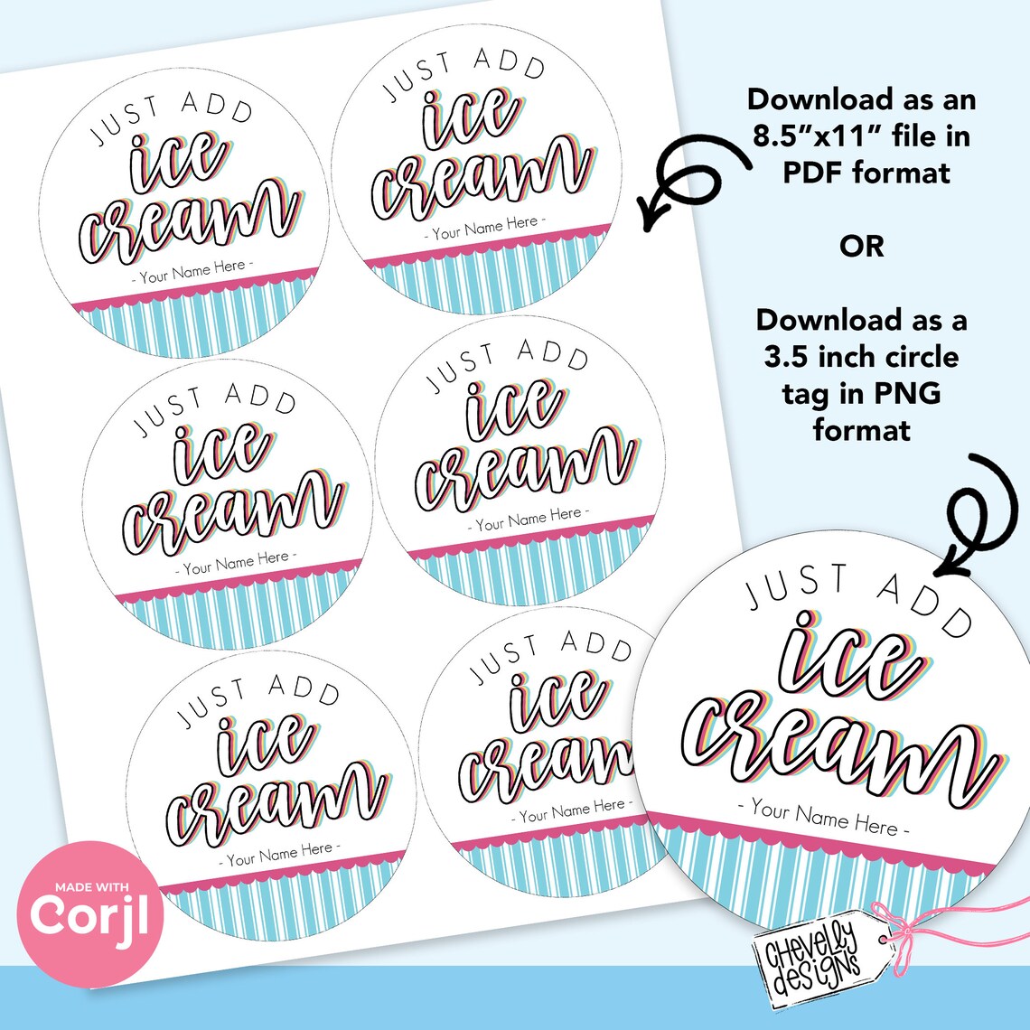 EDITABLE - Just Add Ice Cream - Circle Gift Tags - Printable Digital ...