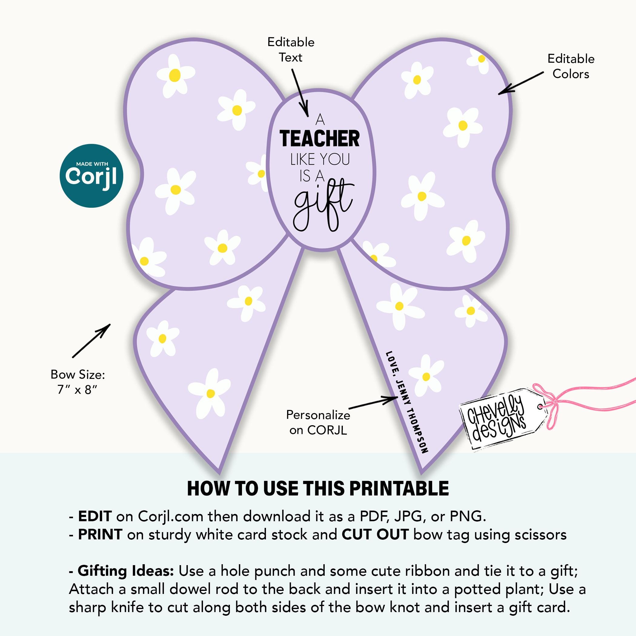 Editable, Printable Teacher Appreciation Bow Gift Tag or Gift Card ...