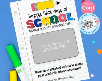 Back to School Dinner Gift Card Holder, Teacher Thank You Printable ...