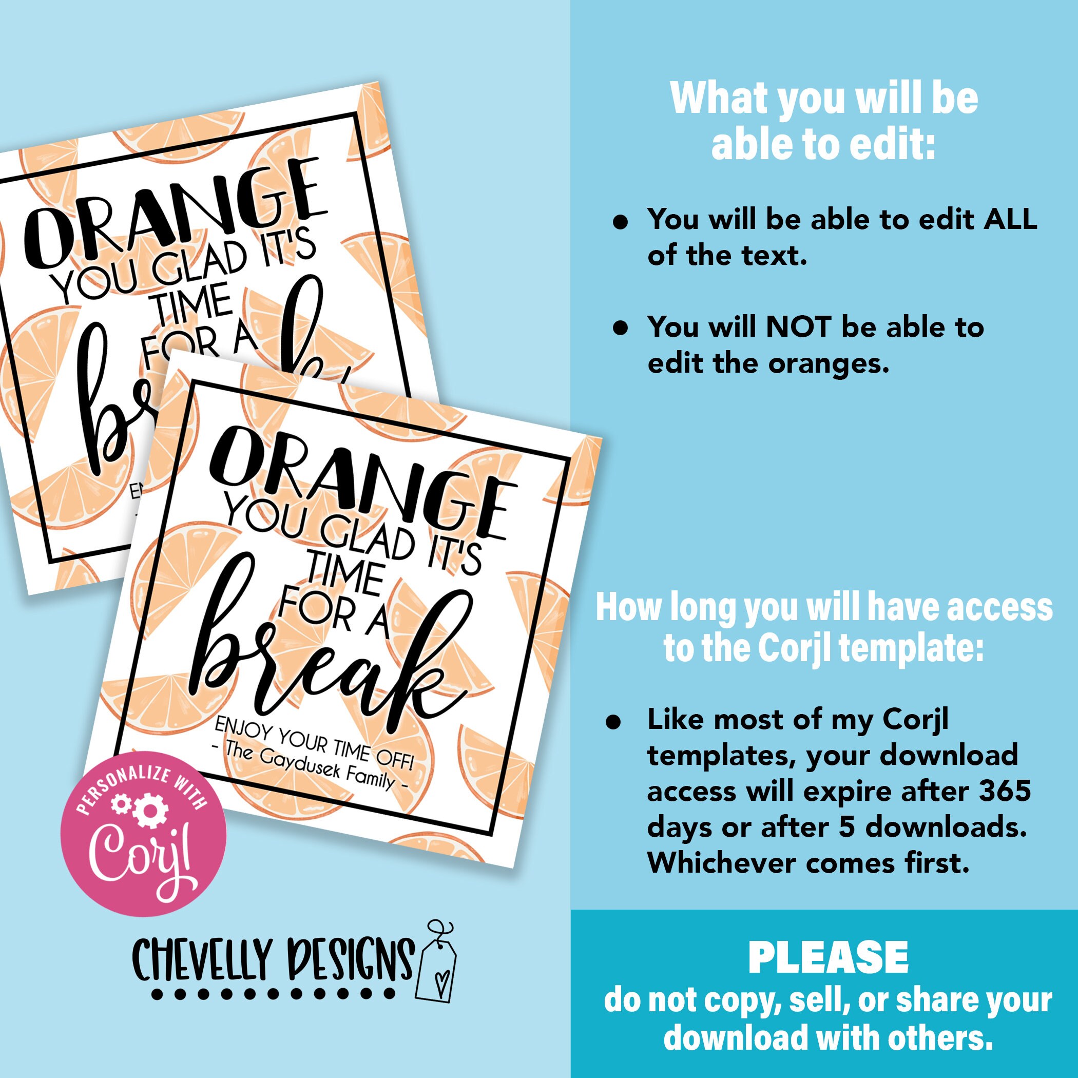 Editable - Orange You Glad It's Time for A Break - Printable Gift Tags ...