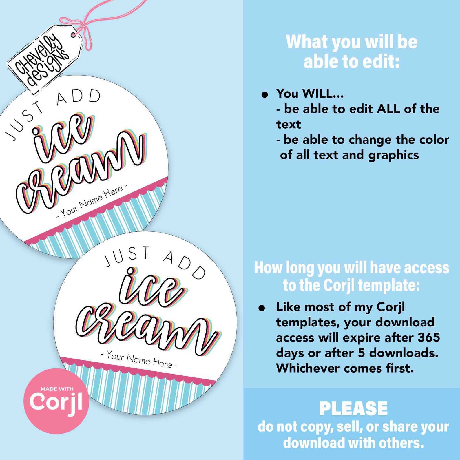 EDITABLE - Just Add Ice Cream - Circle Gift Tags - Printable Digital ...
