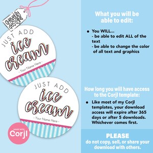 EDITABLE - Just Add Ice Cream - Circle Gift Tags - Printable Digital ...