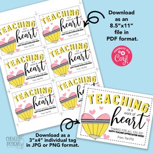 EDITABLE - Teaching is a Work of Heart - Teacher Appreciation Gift Tags ...
