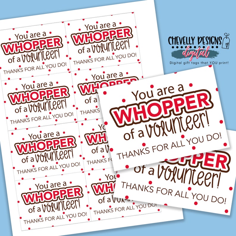 Printable Whopper of a Volunteer Whoppers Gift Tags - Etsy