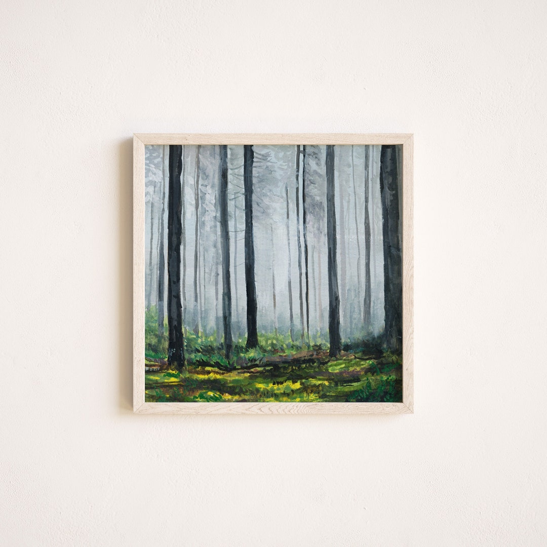 Trees in Mist, Gouache Watercolor Painting, Archival Print, forest Fog ...